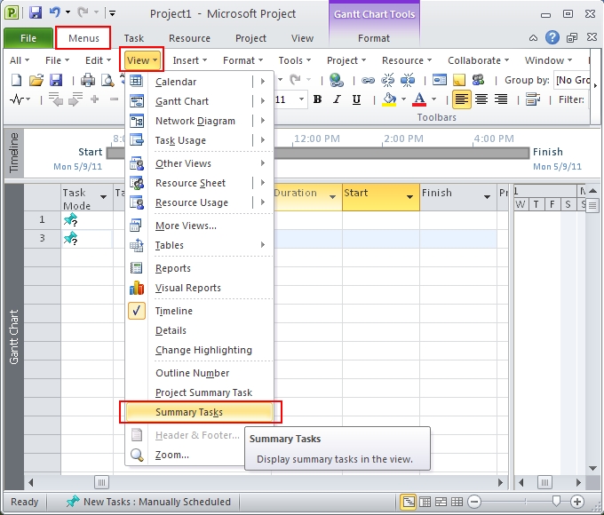 Where Is Show Summary Task In Project 2010 2013 2016 2019 And 365